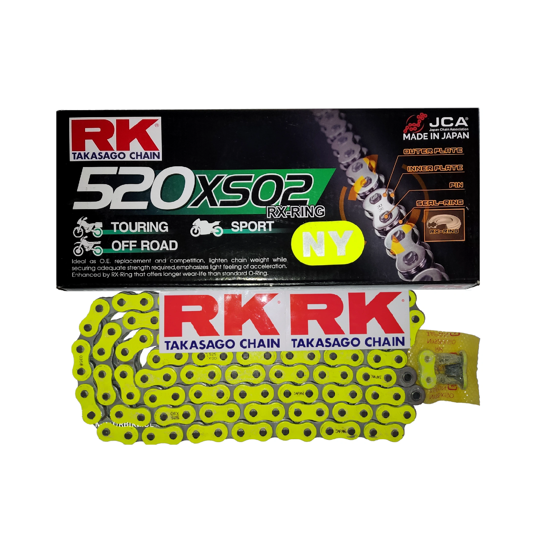 Cadena RK Takasago 520 XSO. Con RX'ring, Amarillo FLUOR
