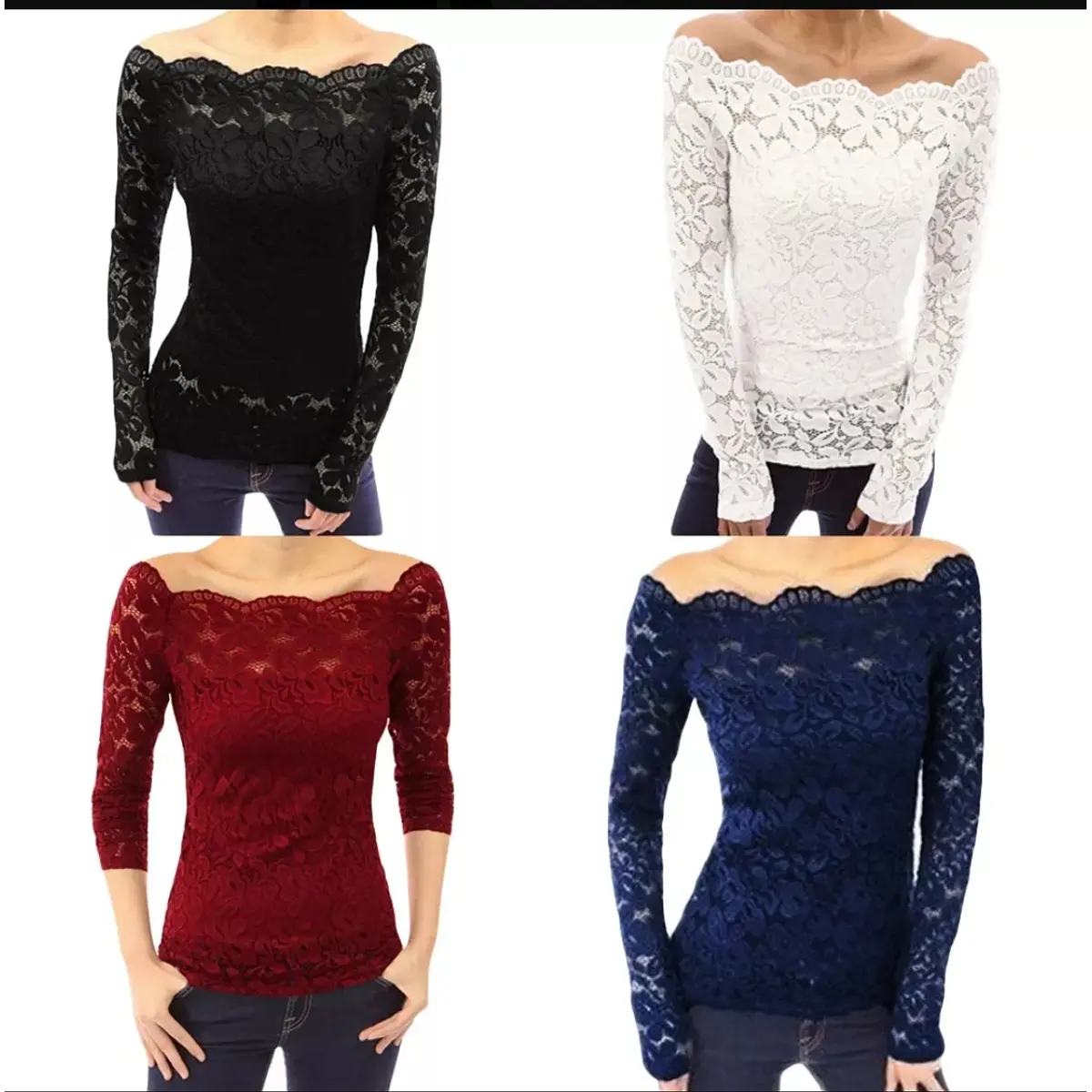 Blusa de Encaje Manga Larga Hombros Descubiertos