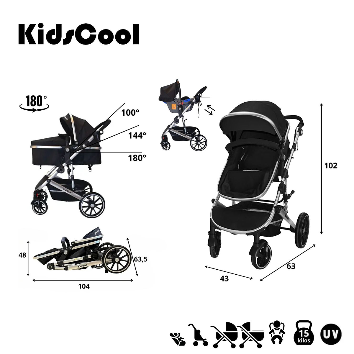 Coche Cuna Lux 3 En 1 Kidscool Negro