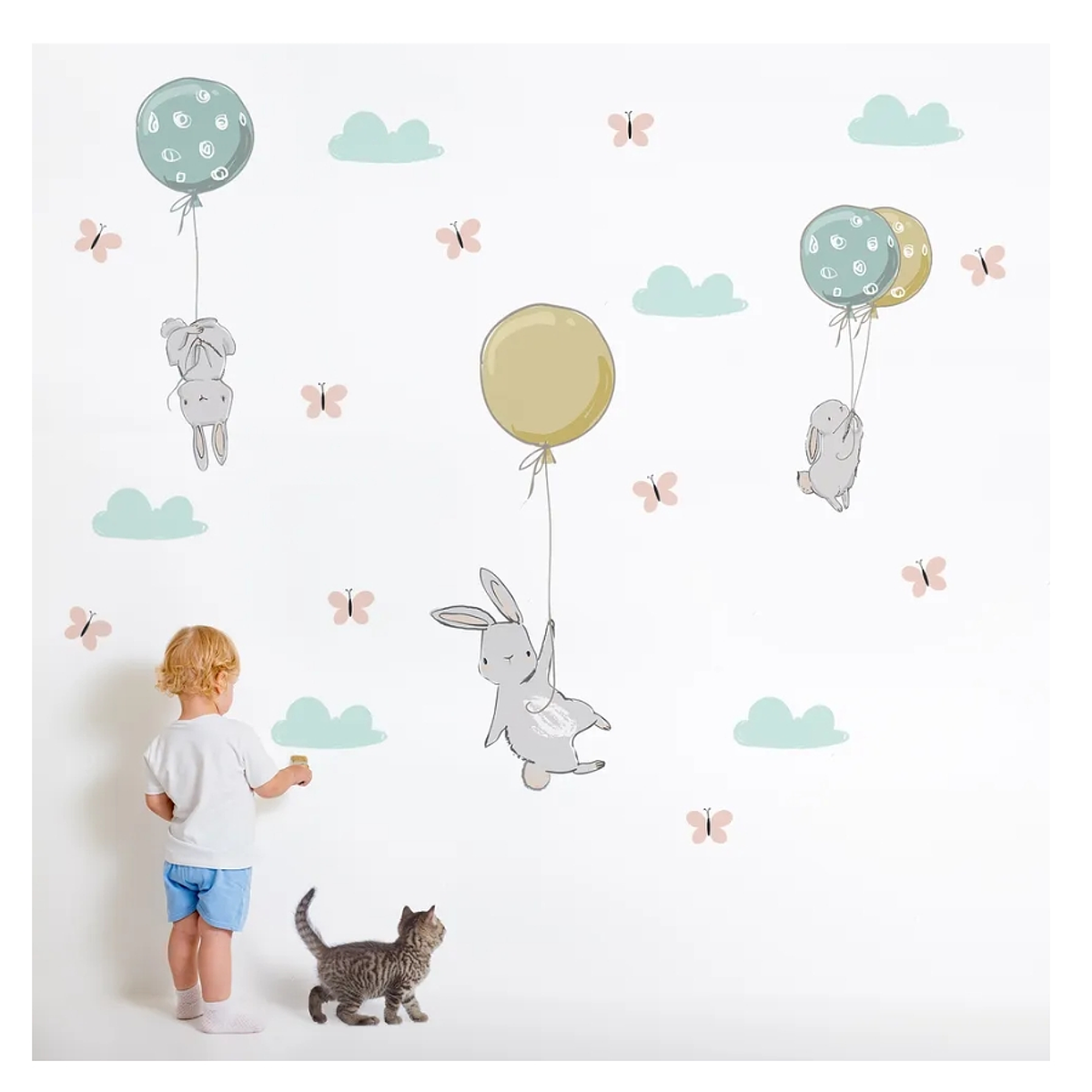 Stickers De Pared Temáticos De Conejitos Nubes y Mariposas