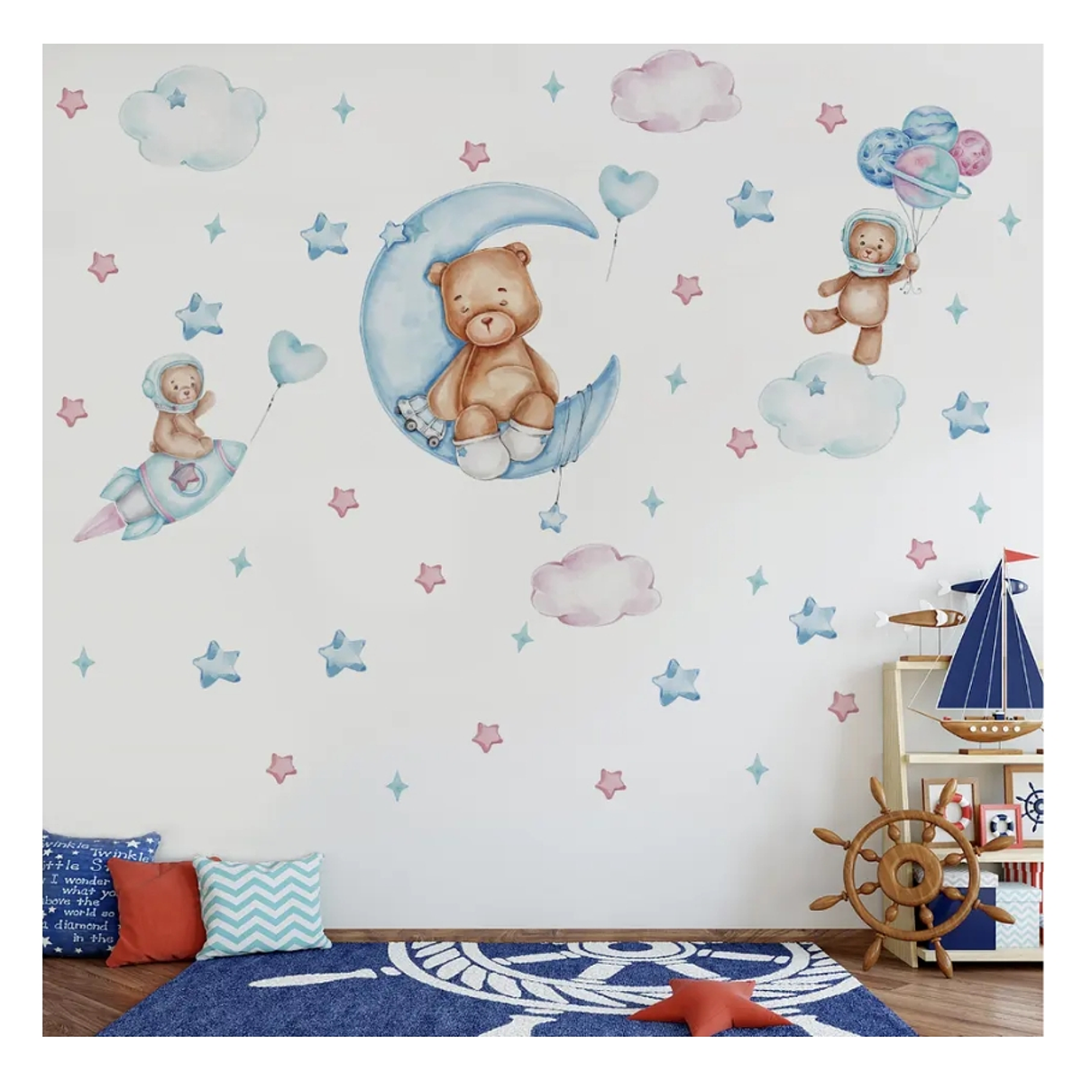 Stickers De Pared Temáticos Osito Luna Nubes y Astronautas