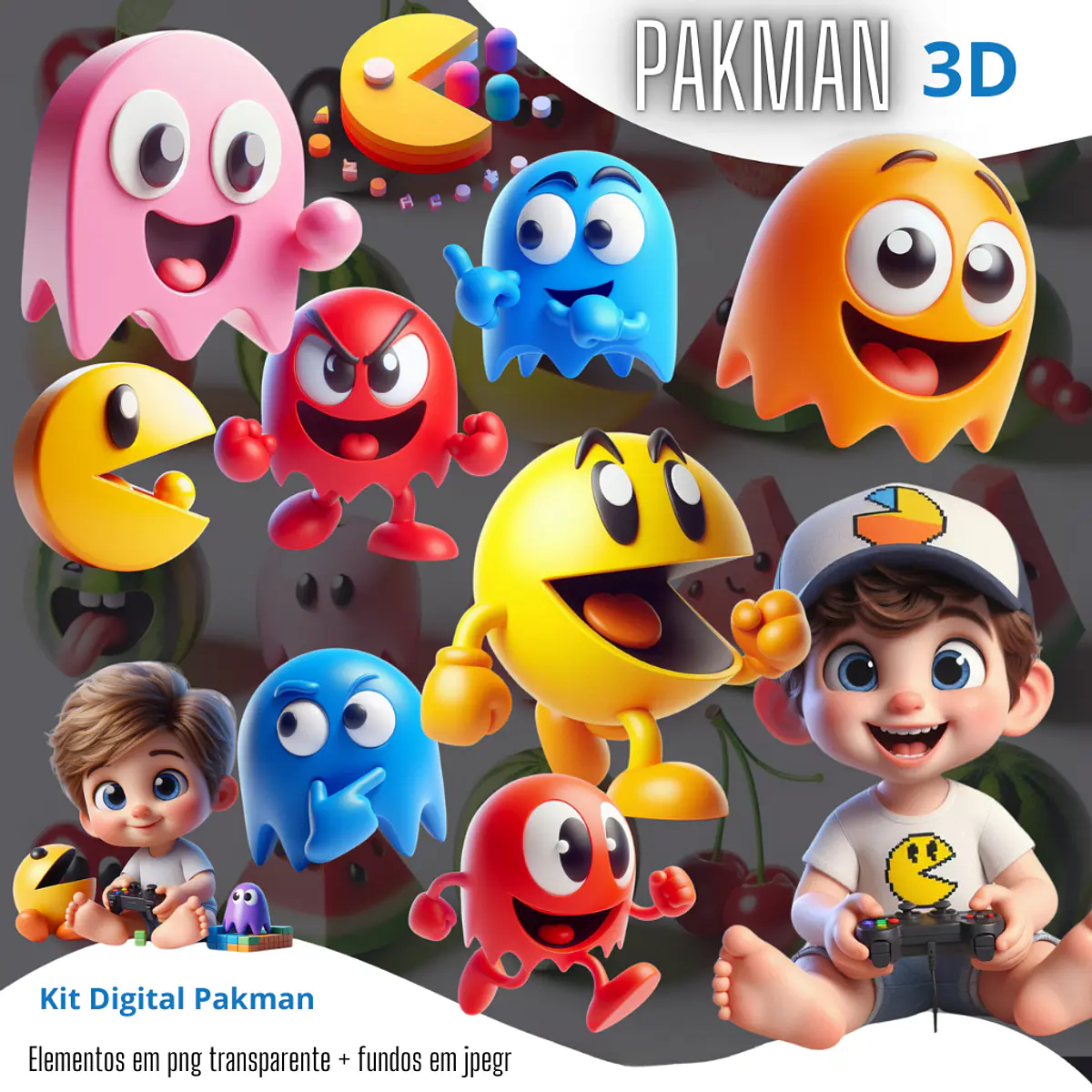 Kit Digital Pakman 3D em Png | Kriato Design