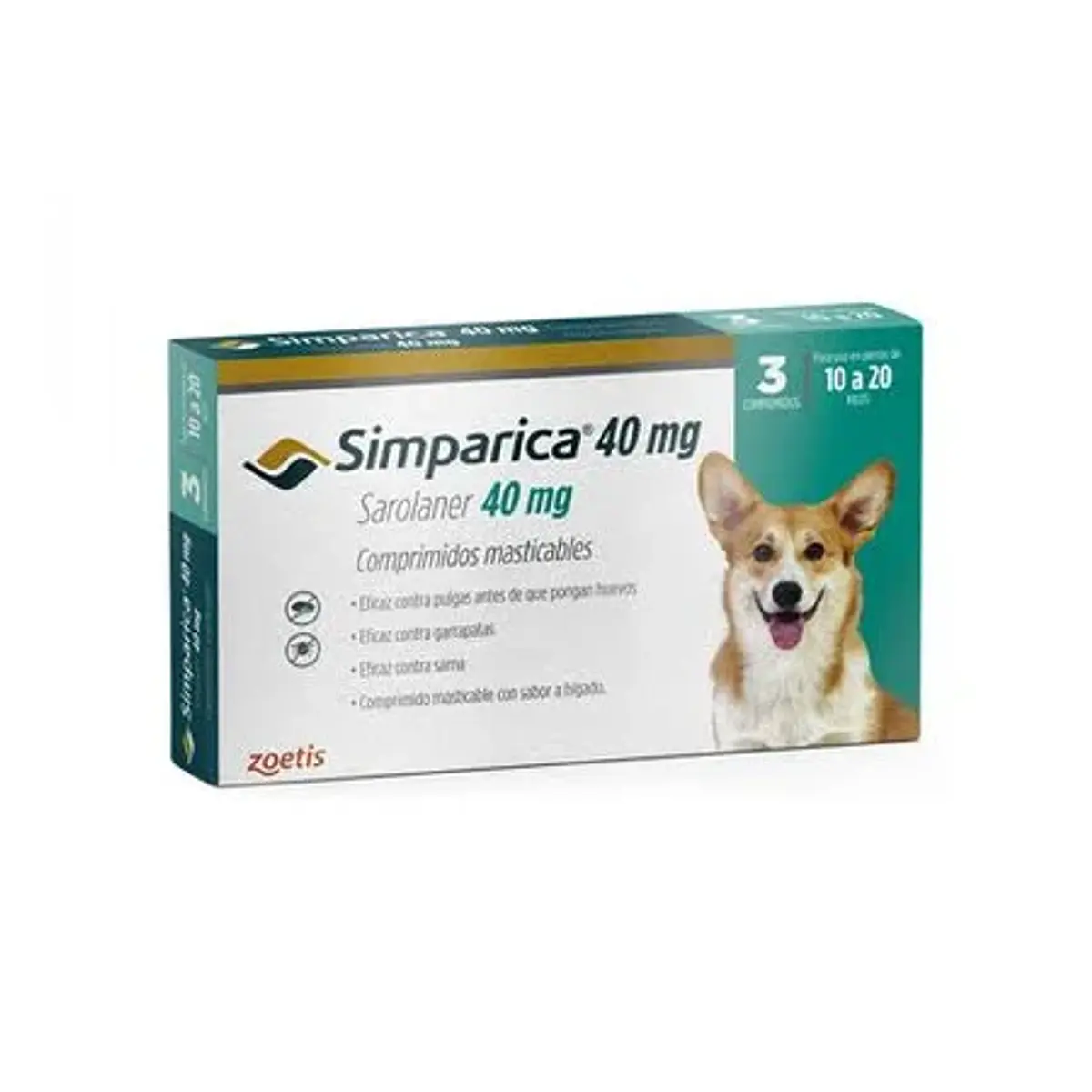 SIMPARICA 40MG SAROLANER PERROS DE ENTRE 10 A 20KG 3 COMP