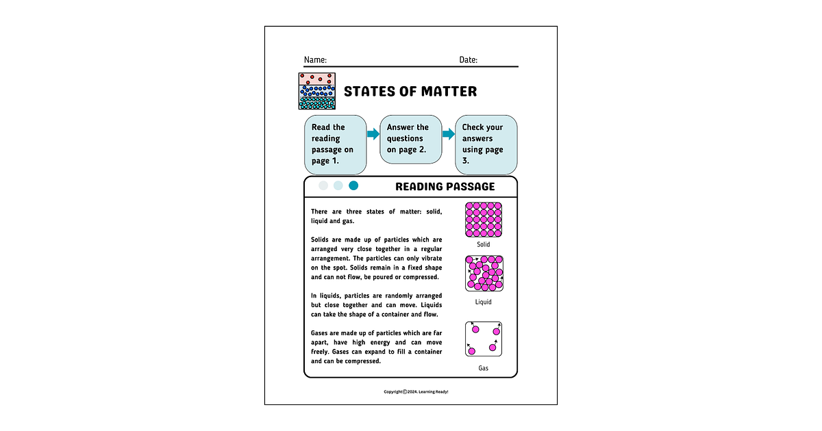 States of Matter Reading Comprehension Worksheet