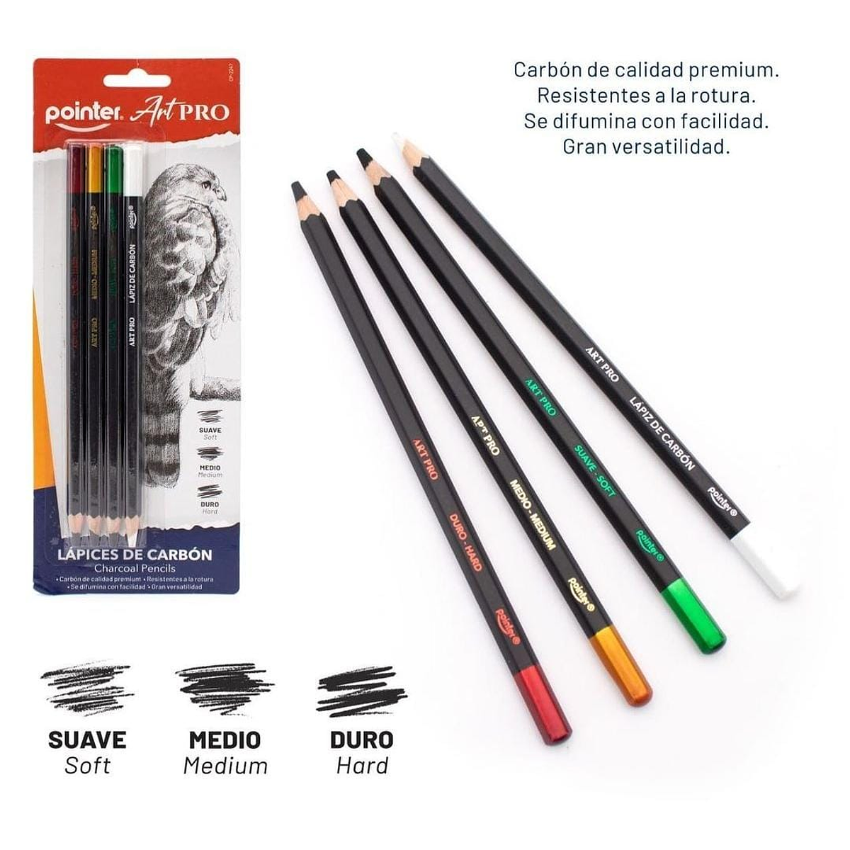 Set 4 Lápices de Dibujo de Carbón - Pointer Art Pro