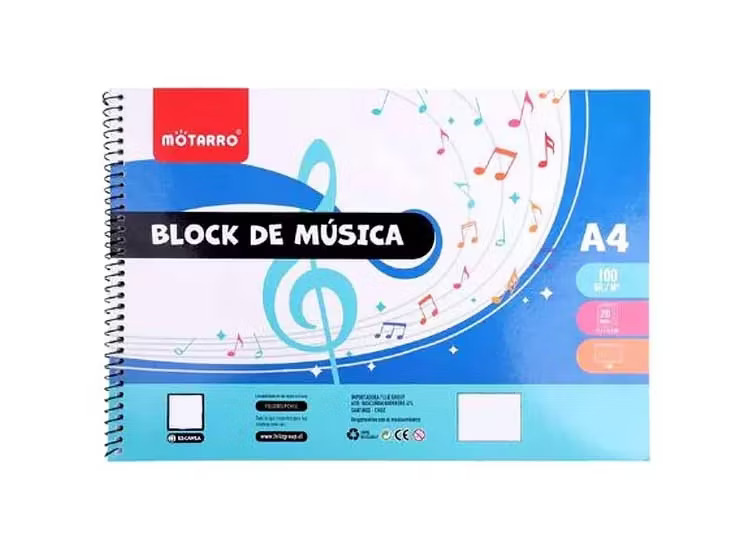 Cuaderno Musica Pauta Entera 20 hjs A4 Motarro