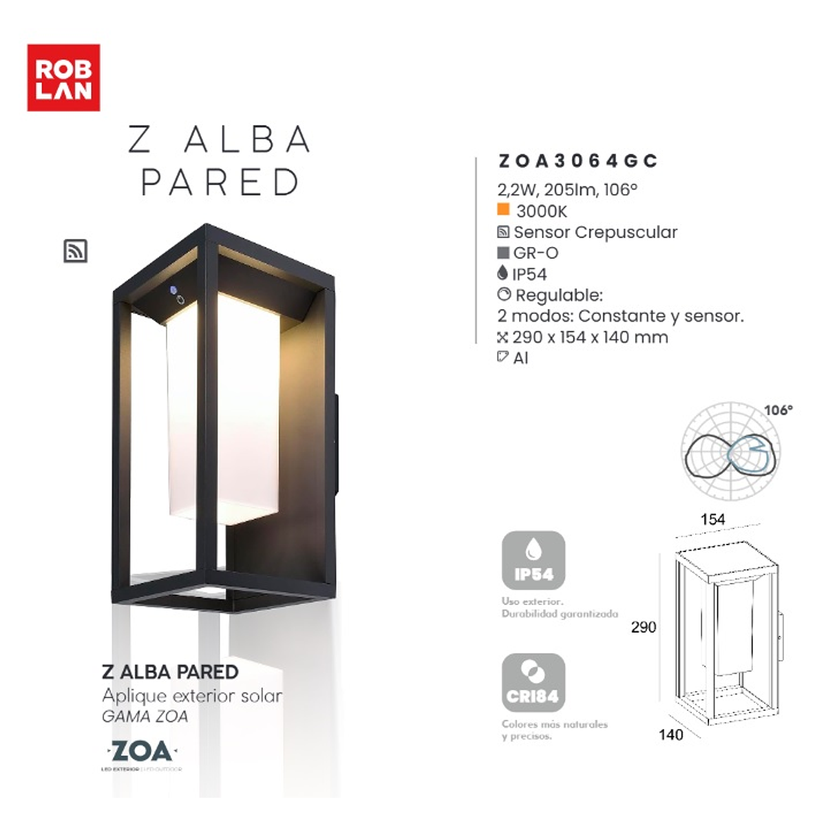 Aplique Solar ROBLAN ALBA LED 2,2W 205lm 3000K IP54 Gris Osc