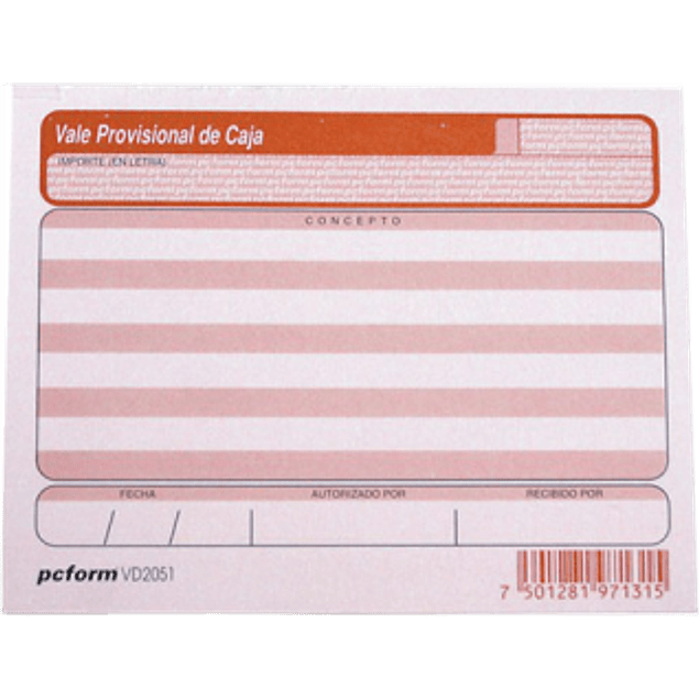 Vale provisional de caja, 1/4 de hoja color rosa