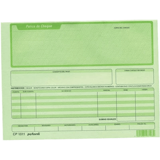 Poliza de cheque tamaño media carta con original y copia,...