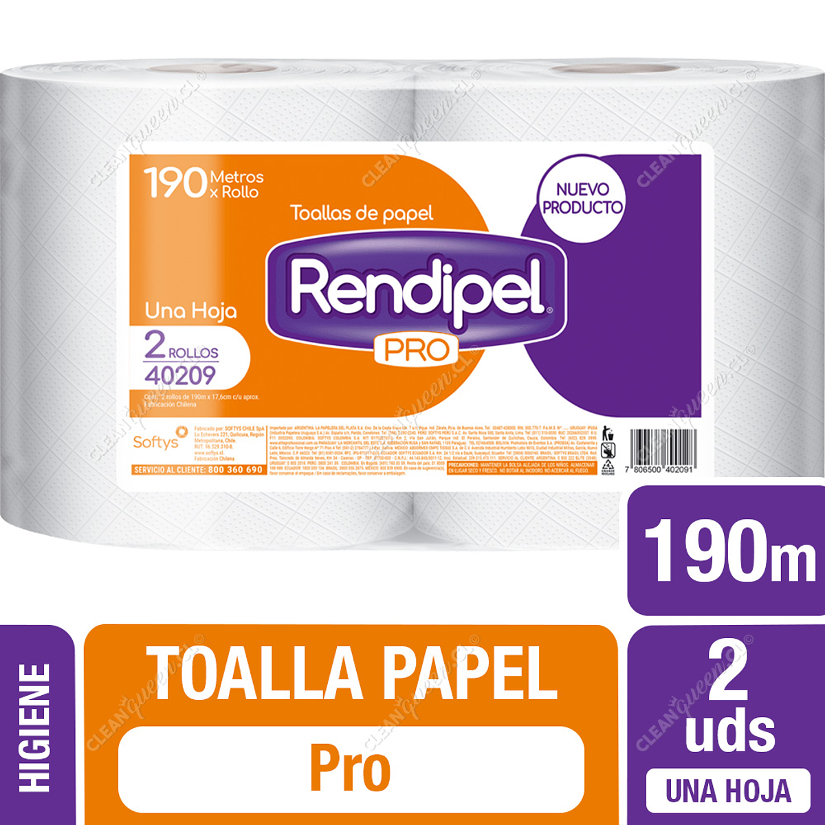Toalla de papel Rendipel Pro una hoja 190 mts x 2 unids.