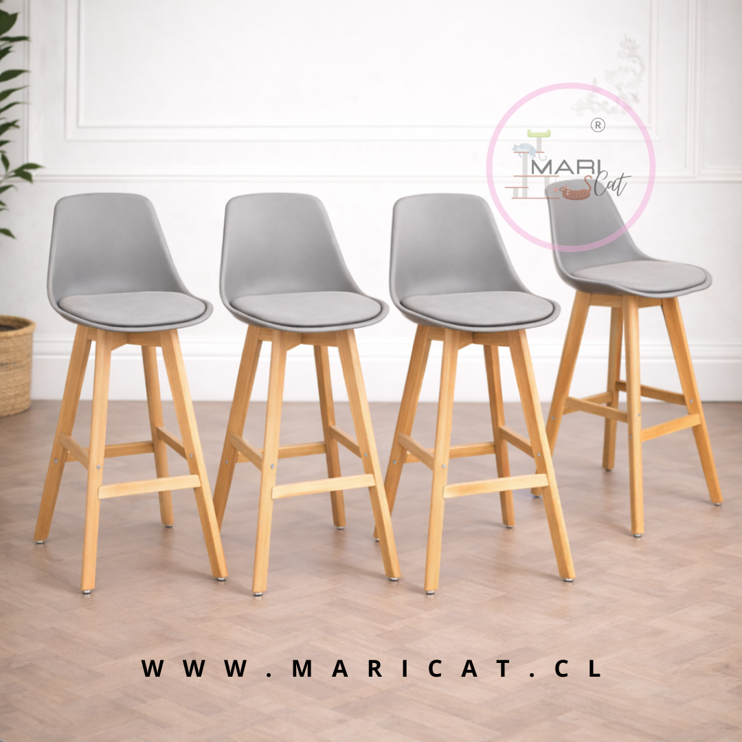 Pack 4 Taburete Tulip con Cojín y Base de Madera Gris- Alto
