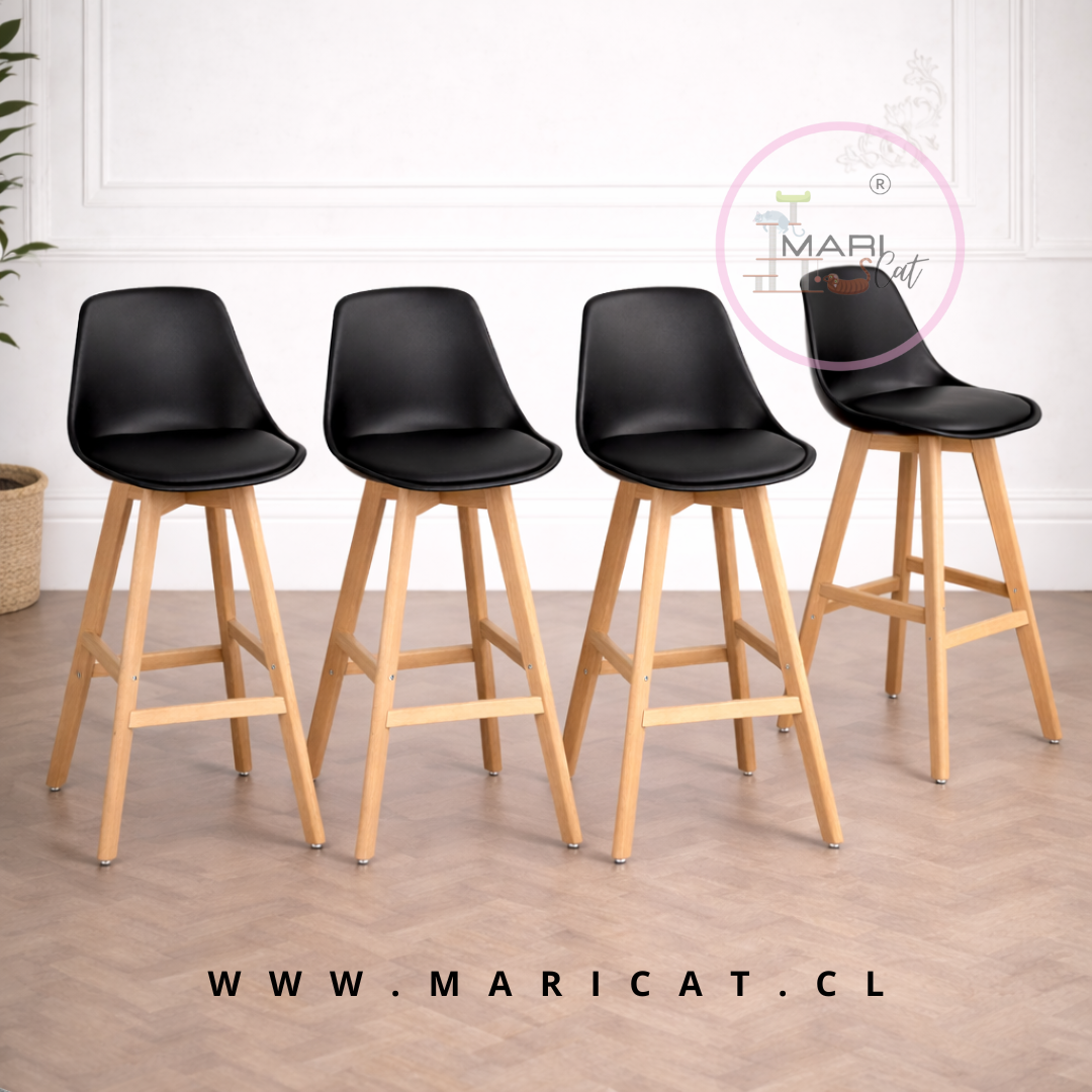 Pack 4 Taburete Tulip con Cojín y Base de Madera Negro- Alto