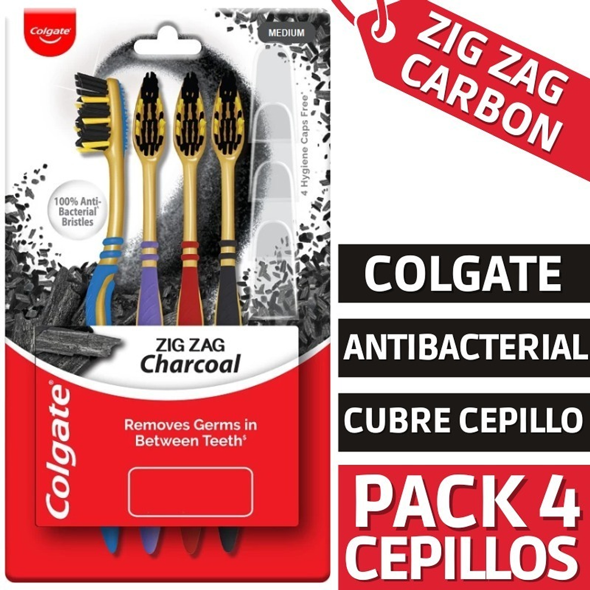CEPILLO DENTAL COLGATE ZIG ZAG CHARCOAL PACK X4 UNID | Max Limpio
