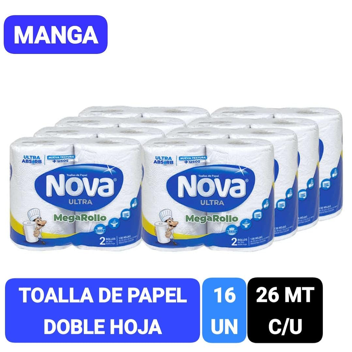 TOALLA DE PAPEL NOVA ULTRA MEGA ROLLO 26 MTS X 16 ROLLOS (M | Max Limpio