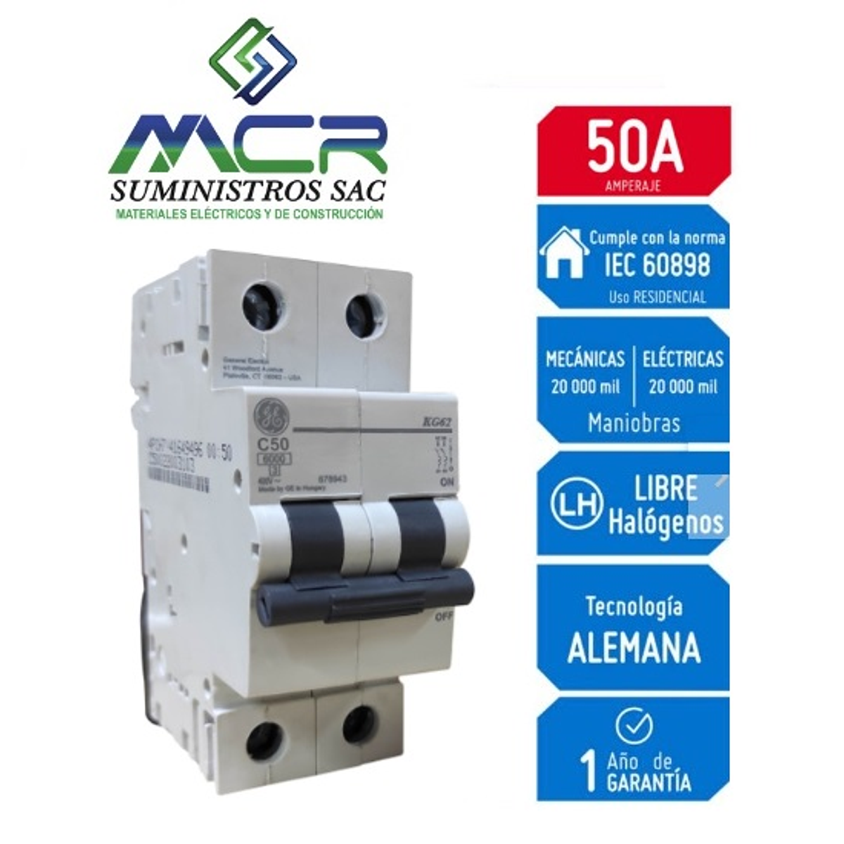 INTERRUPTOR TERMOMAGNETICO RIEL DIN 2X50 AMP 230V 6KA GENERA | MCR ...