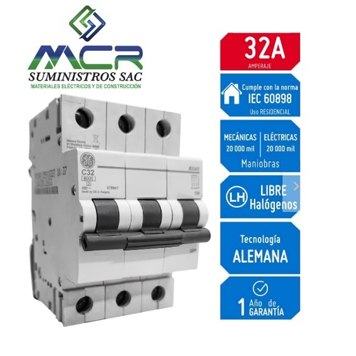INTERRUPTOR TERMOMAGNETICO RIEL DIN 3X32 AMP 230V 6KA GENERA | MCR ...
