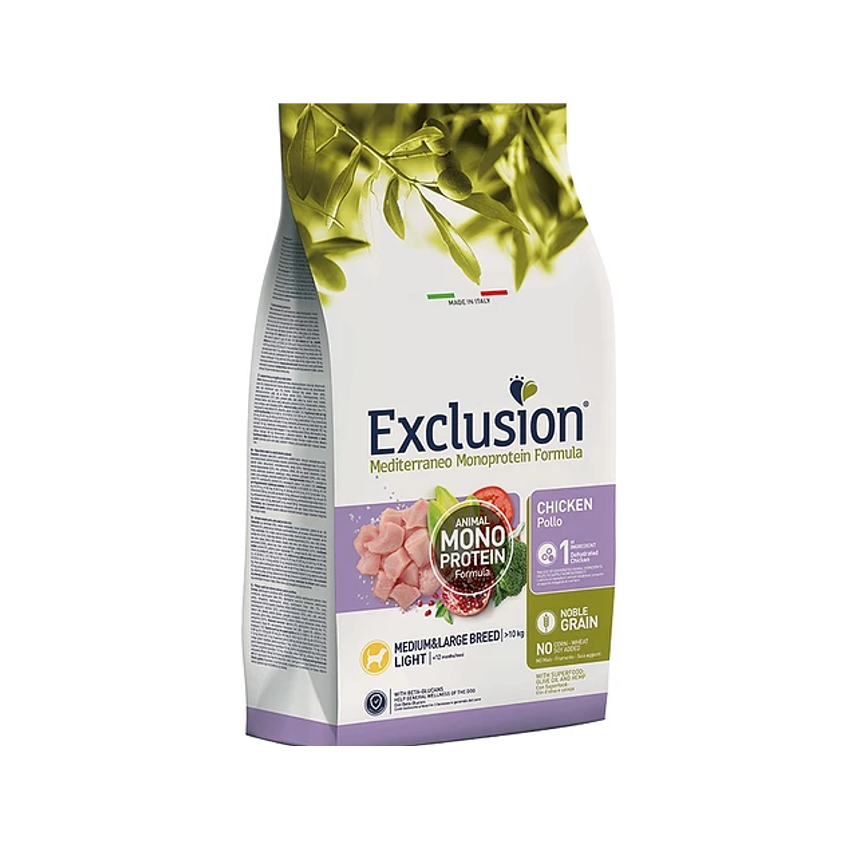 Exclusion Noble Grain Light p/Adulto Médio/Grande 12kg