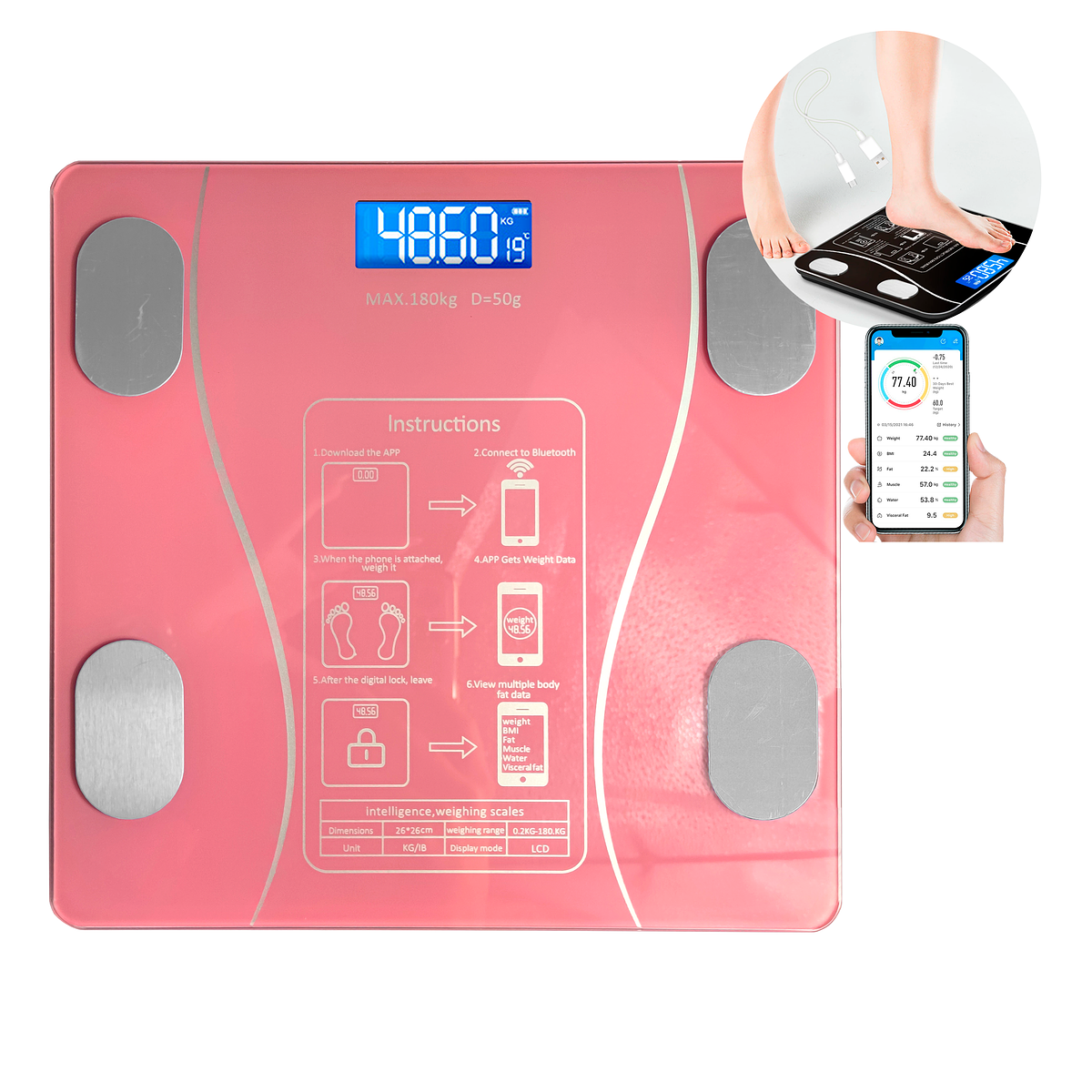 Pesa Digital Inteligente Baño Recargable Usb Bluetooth App