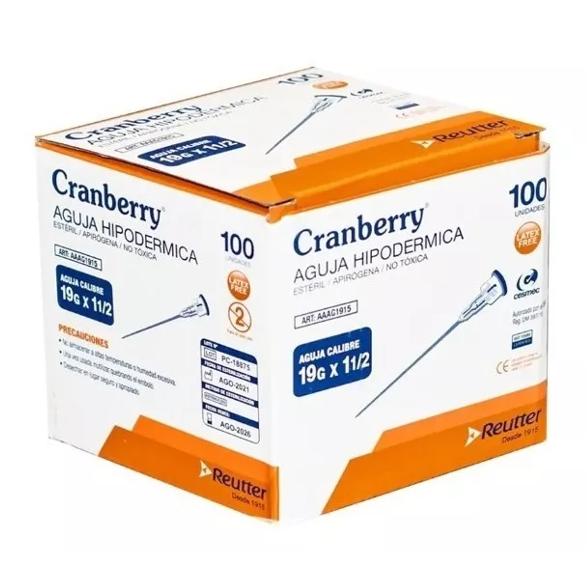 AGUJA HIPODERMICA 19G X 1 1/2 CAJA x 100