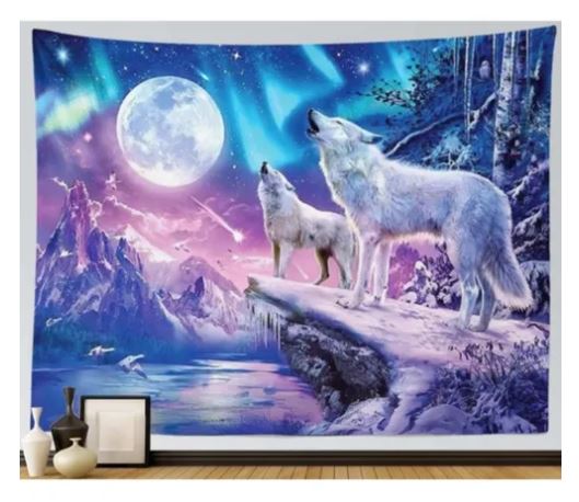 Tapiz Lienzo Colgante Lobos Aurora Boreal 85x75cms