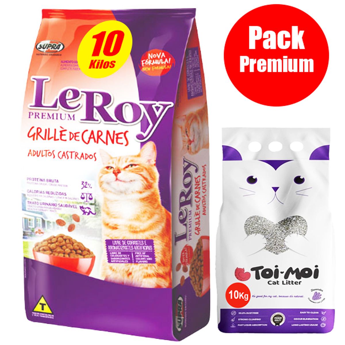 Pack Gato Leroy 10 Kg + Arena Súper Premium Toi Moi 10 Kg