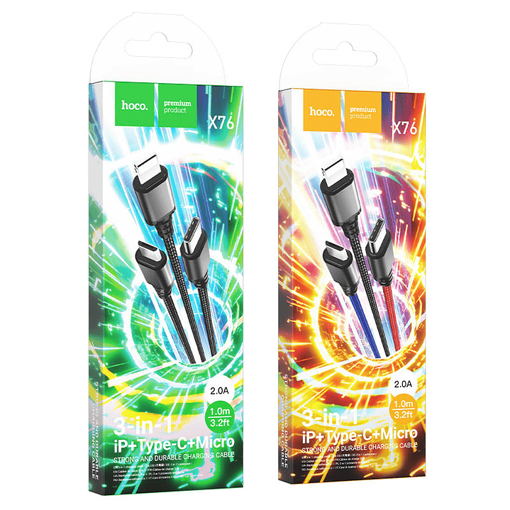 Cable Hoco X76 3 en 1 Lightning/Micro-USB/Type-C