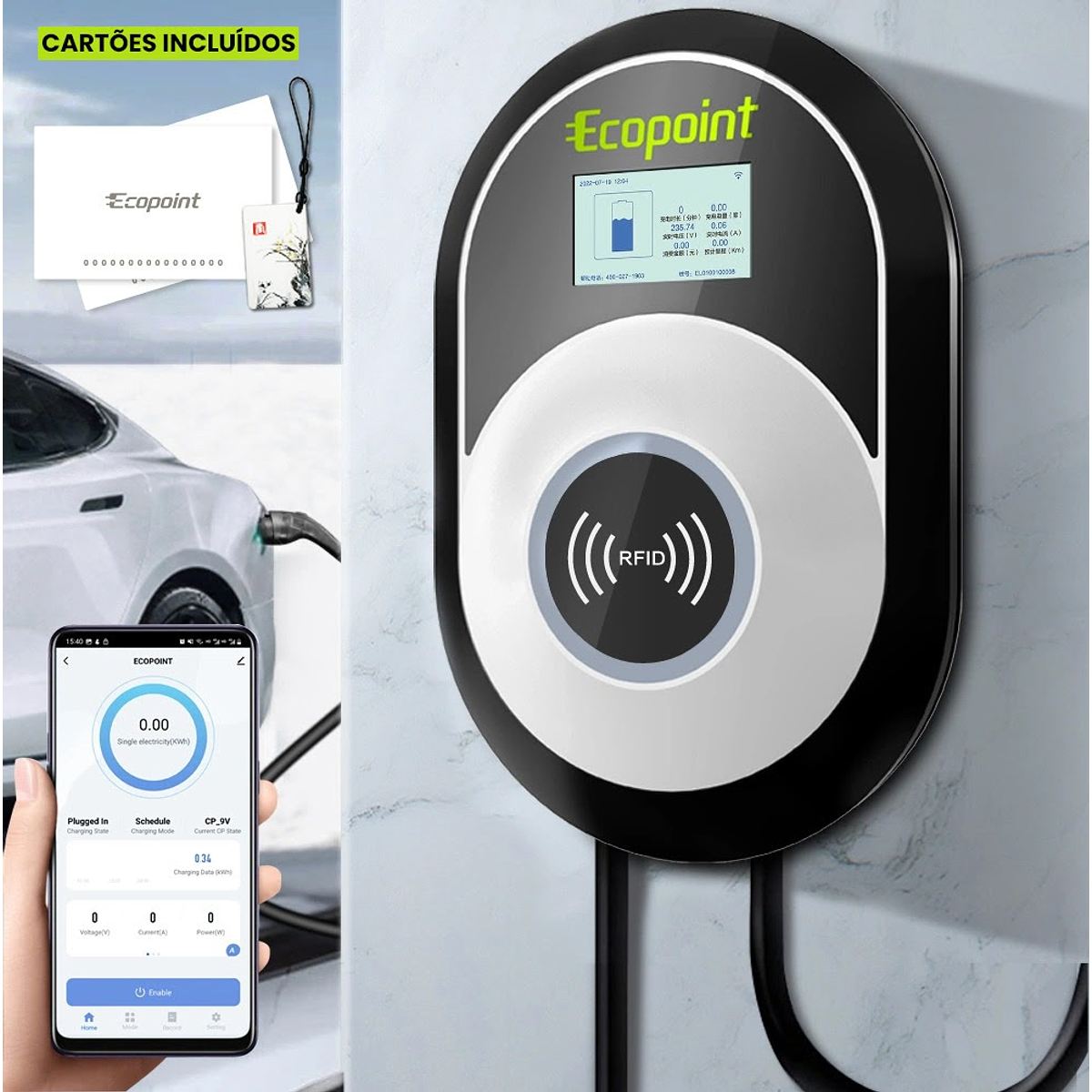 Carregador Ecopoint com cartões RFID 22KW Wifi - Ideal para