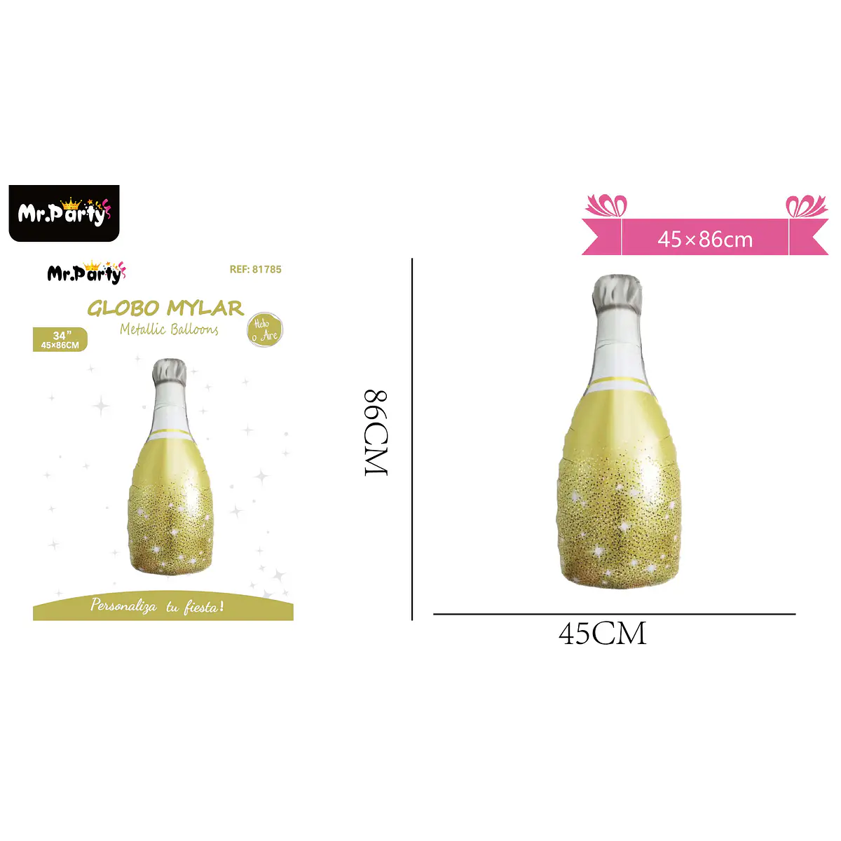 Globo metálico botella de champán dorado 86*45cm