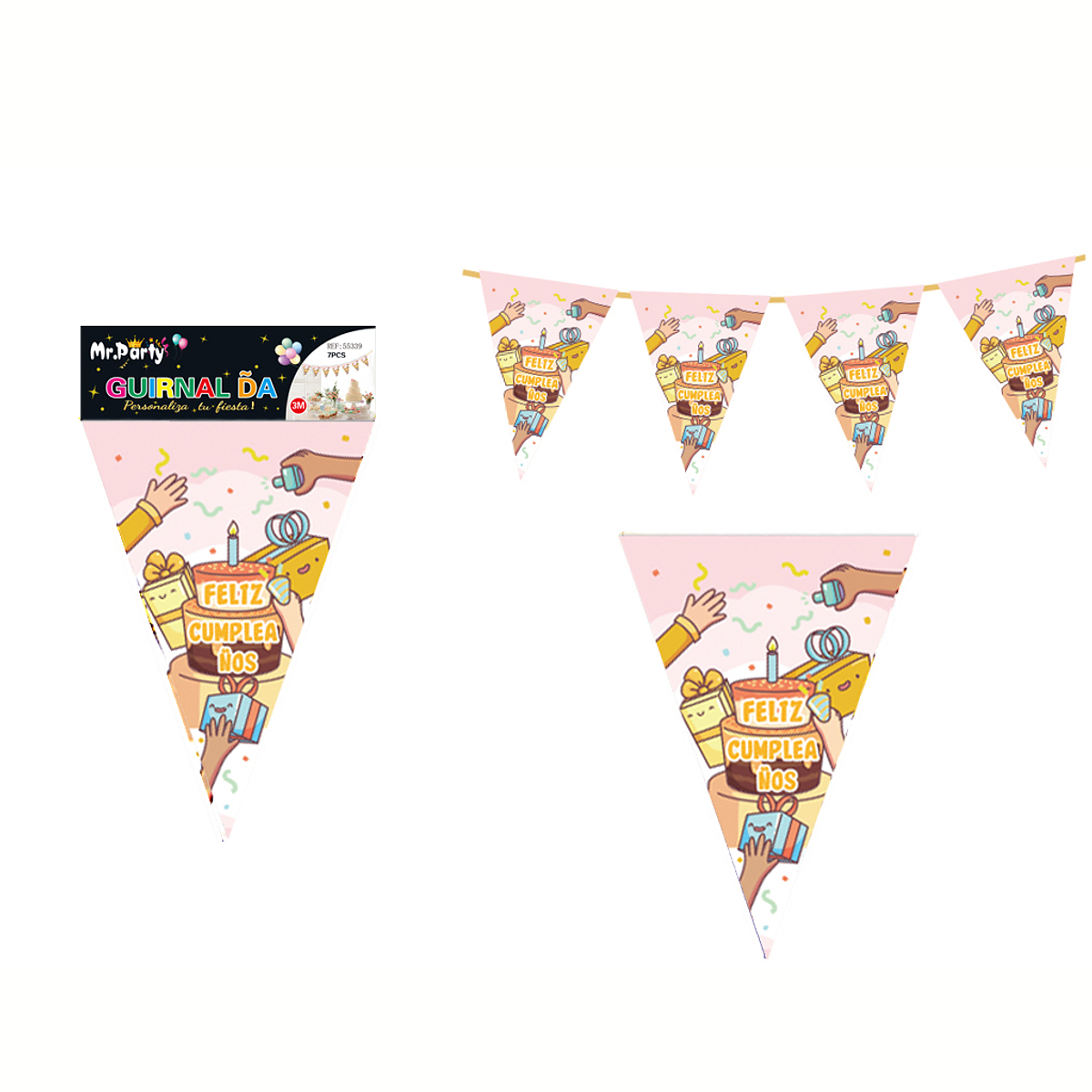 Guirnalda banderín triángulo feliz cumpleaños 7pcs 3M