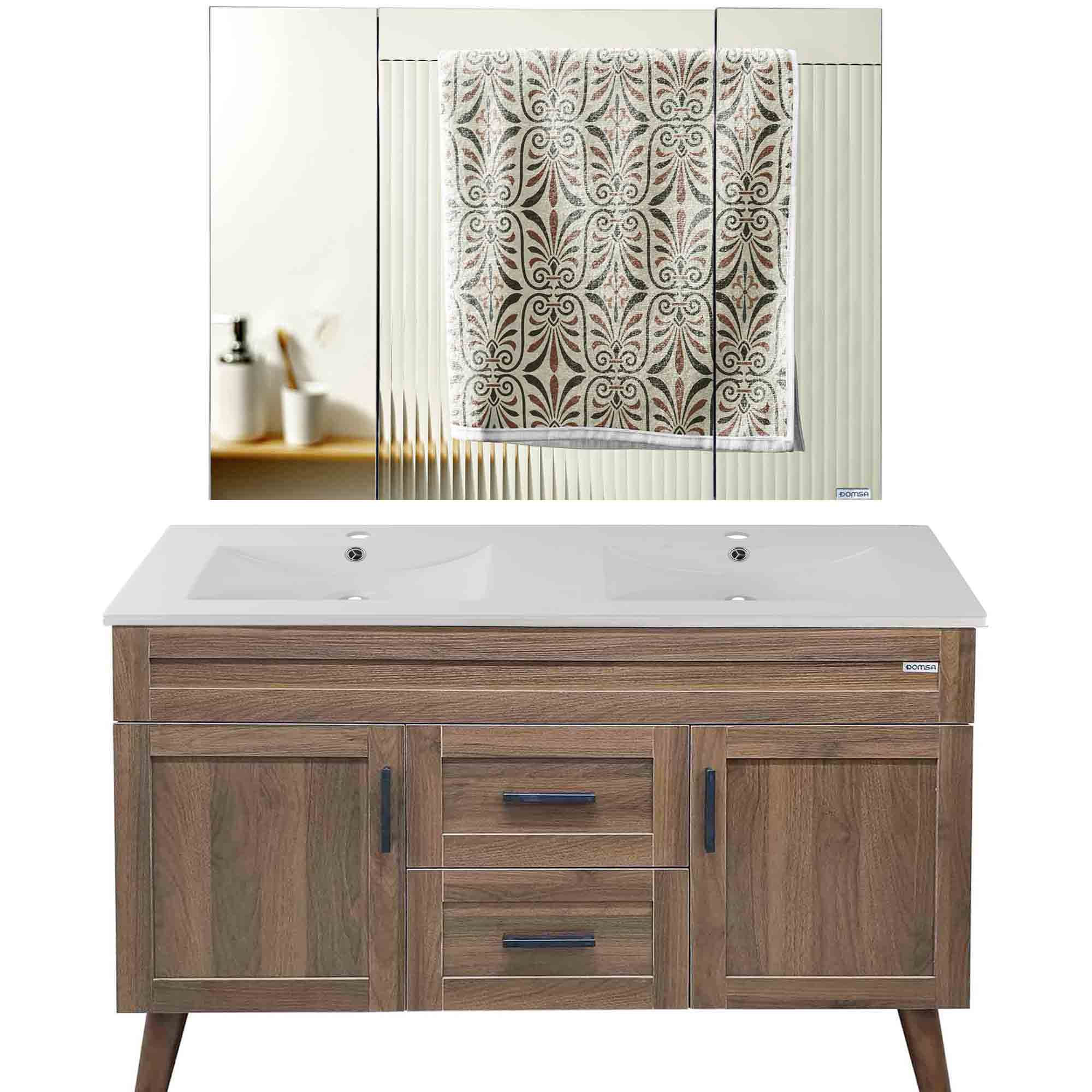 Kit Mueble Vanitorio Doble + Espejo Elegance Nogal | Muebles Domsa