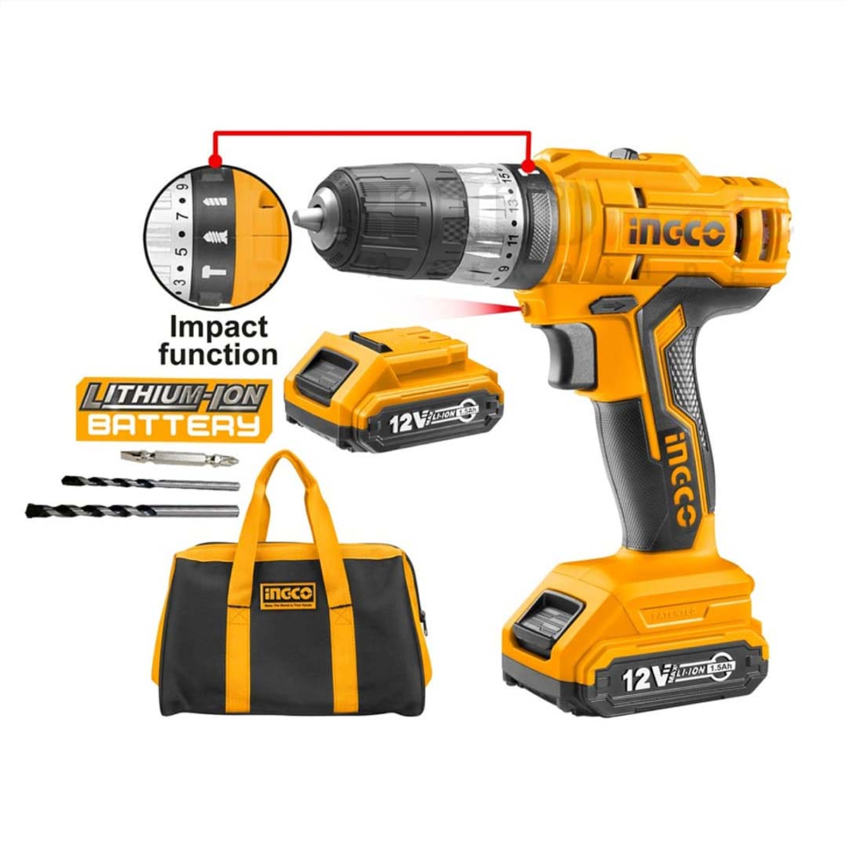 TALADRO PERCUTOR INALAMBRICO 2 BATERIAS 12V INGCO CIDLI1222