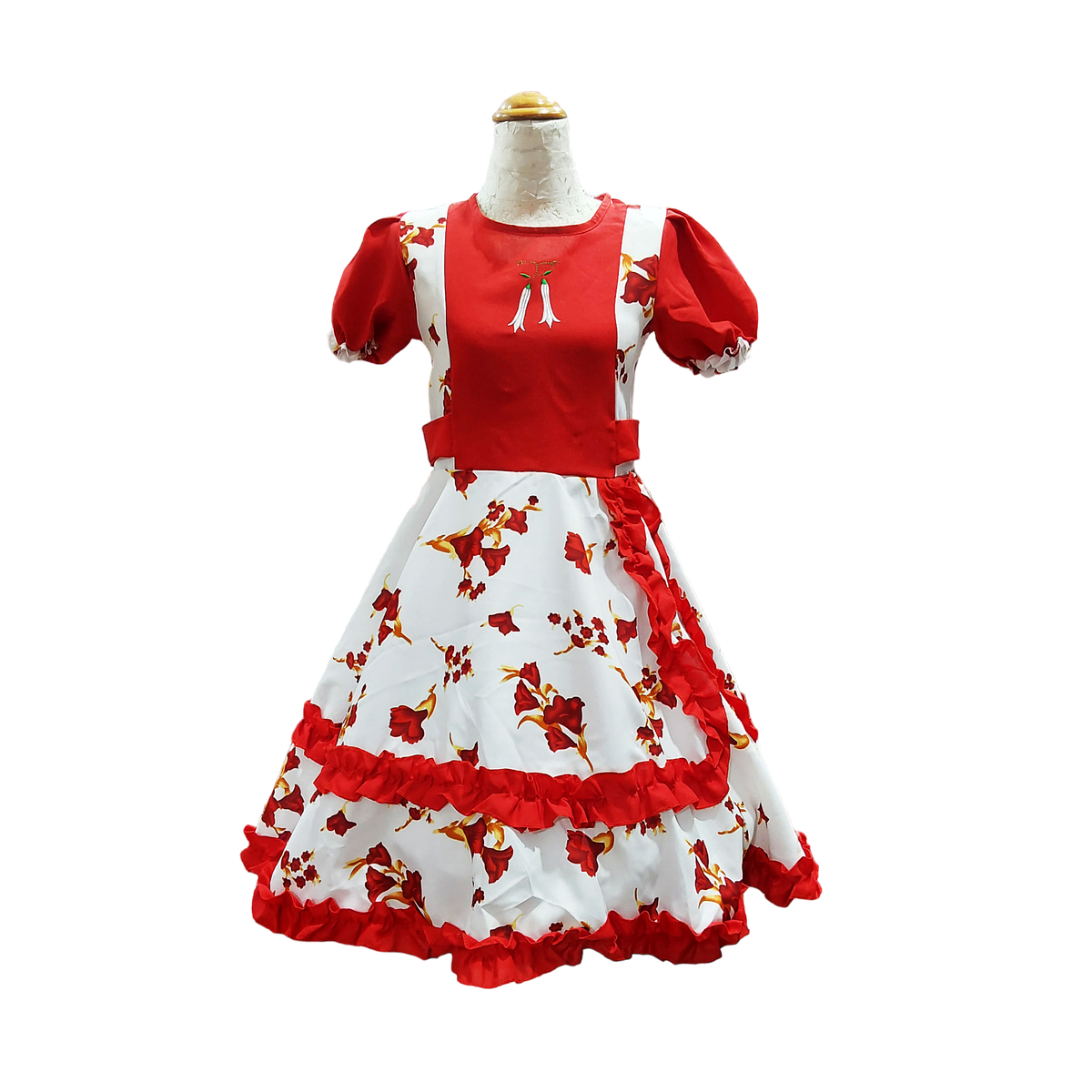 Vestido Huasa Niña Copihue Blanco/Rojo