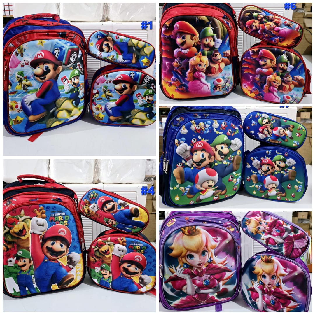 COMBO DE 3PZ MOCHILA PARA PRIMARIA DISEÑO MARIO BROSS CON LU