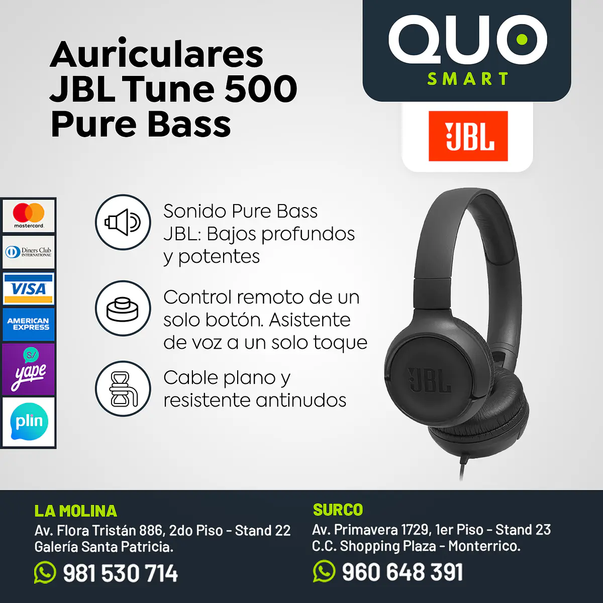 AURICULAR JBL TUNE500 PURE BASS