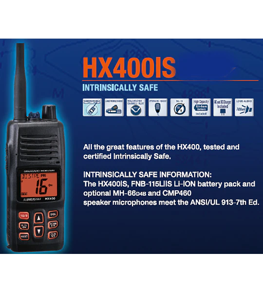 Portátil Marino Comercial, HX-400, VHF, 5W, LMR canales, FM