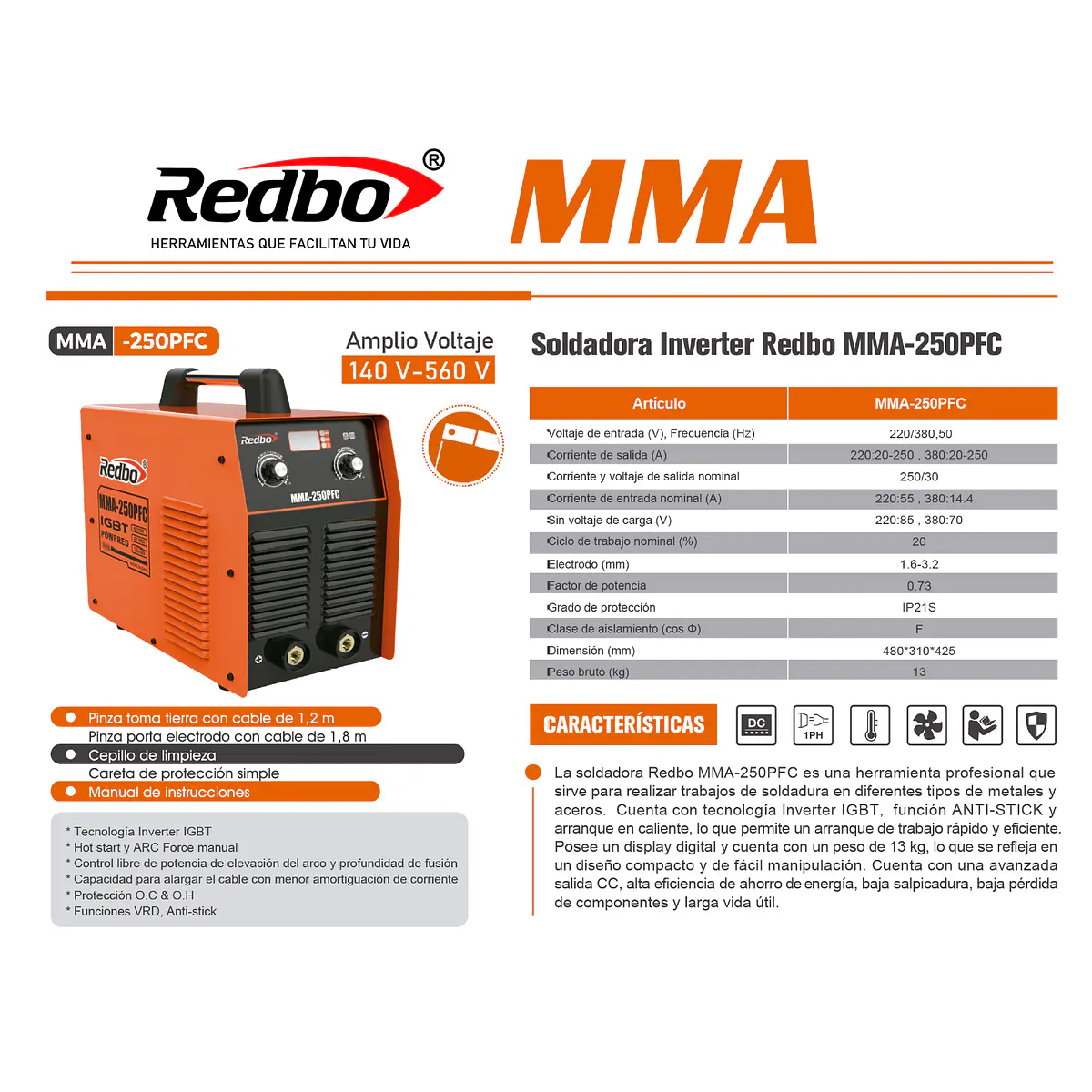 Soldadora Inverter REDBO MMA-250PFC | Redbo Chile