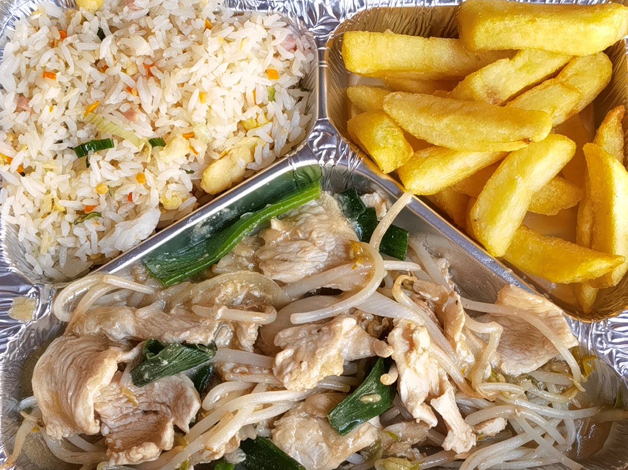 Menu ejecutivo diente dragon pollo+papas fritas+arroz