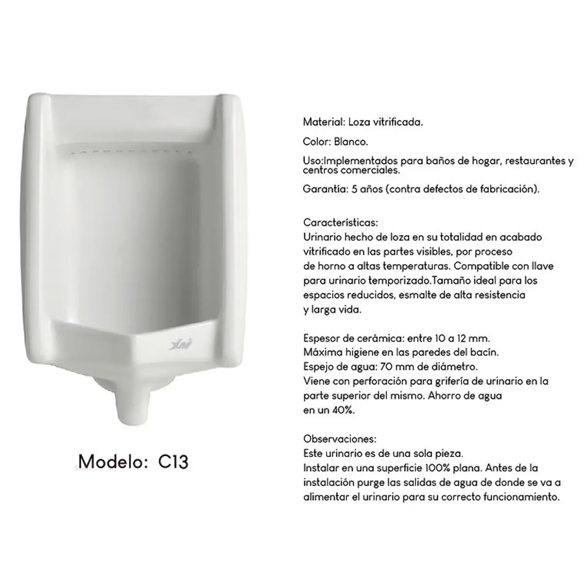 URINARIO BLANCO LOZA VITRIFICADA BLANCO C13