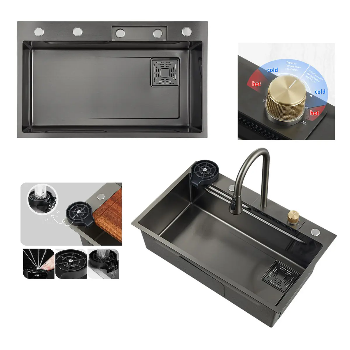 LAVADERO MULTIFUNCIONAL DE LUJO COLOR NANO NEGRO ACERO INOXI