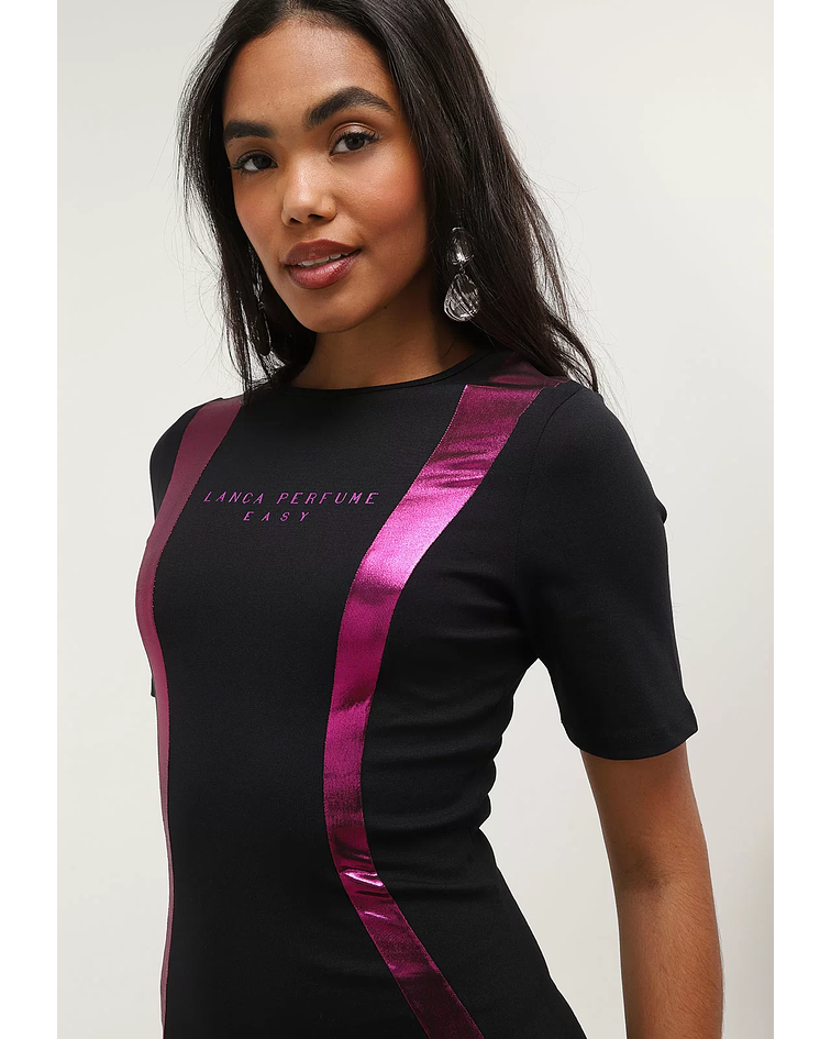 Vestido Justo com Laminado Preto / Rosa - Lança Perfume