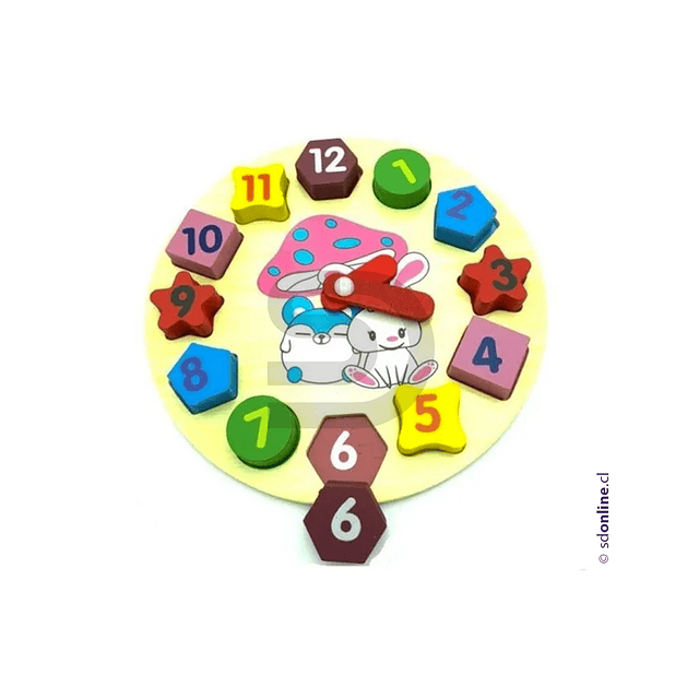Reloj puzzle con formas y numeros de madera