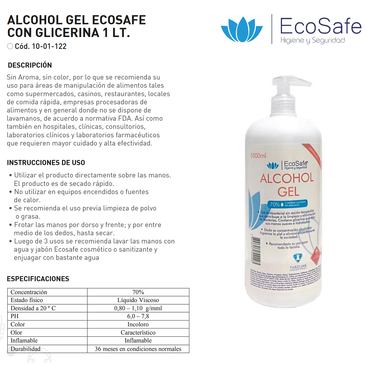 Alcohol Gel Ecosafe con Glicerina 1 Lt.