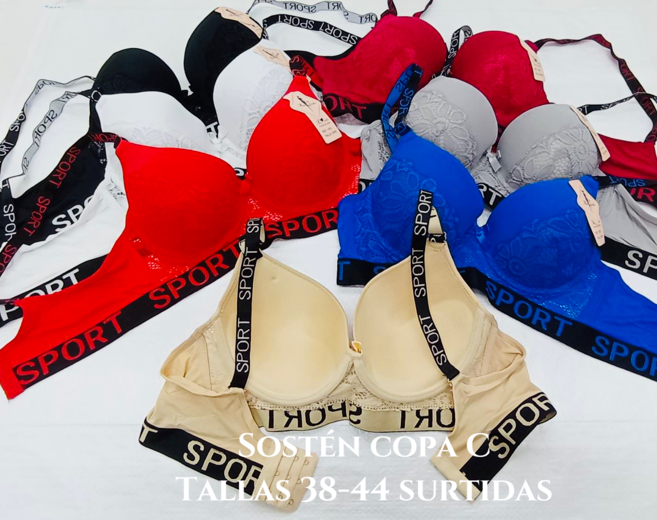 Sostén deportivo copa C tallas y colores surtidas la docena