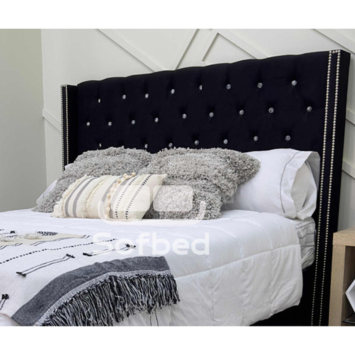 Respaldo Para Cama 2 Plazas Capitone Negro Botones Diamantes