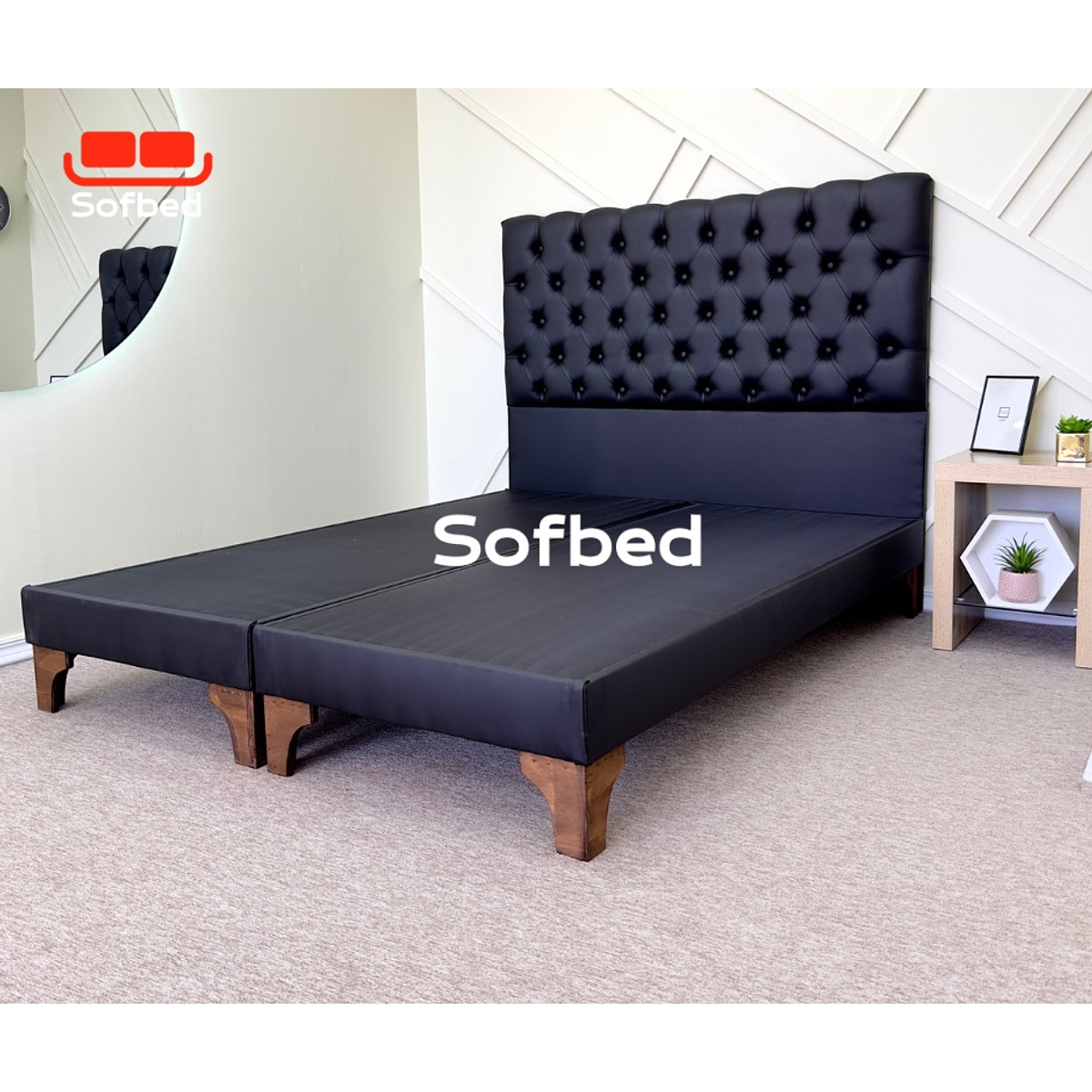 Cama europea 2 plazas capitone a piso eco cuero negro