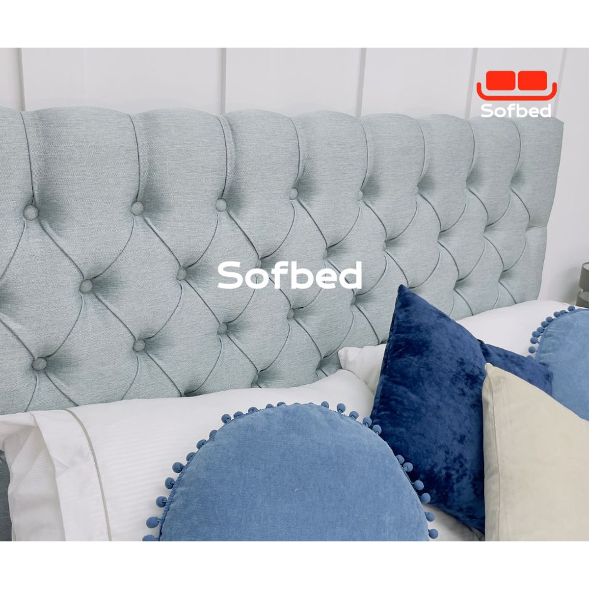 Cama Europea Capitoné Lino Verde Agua