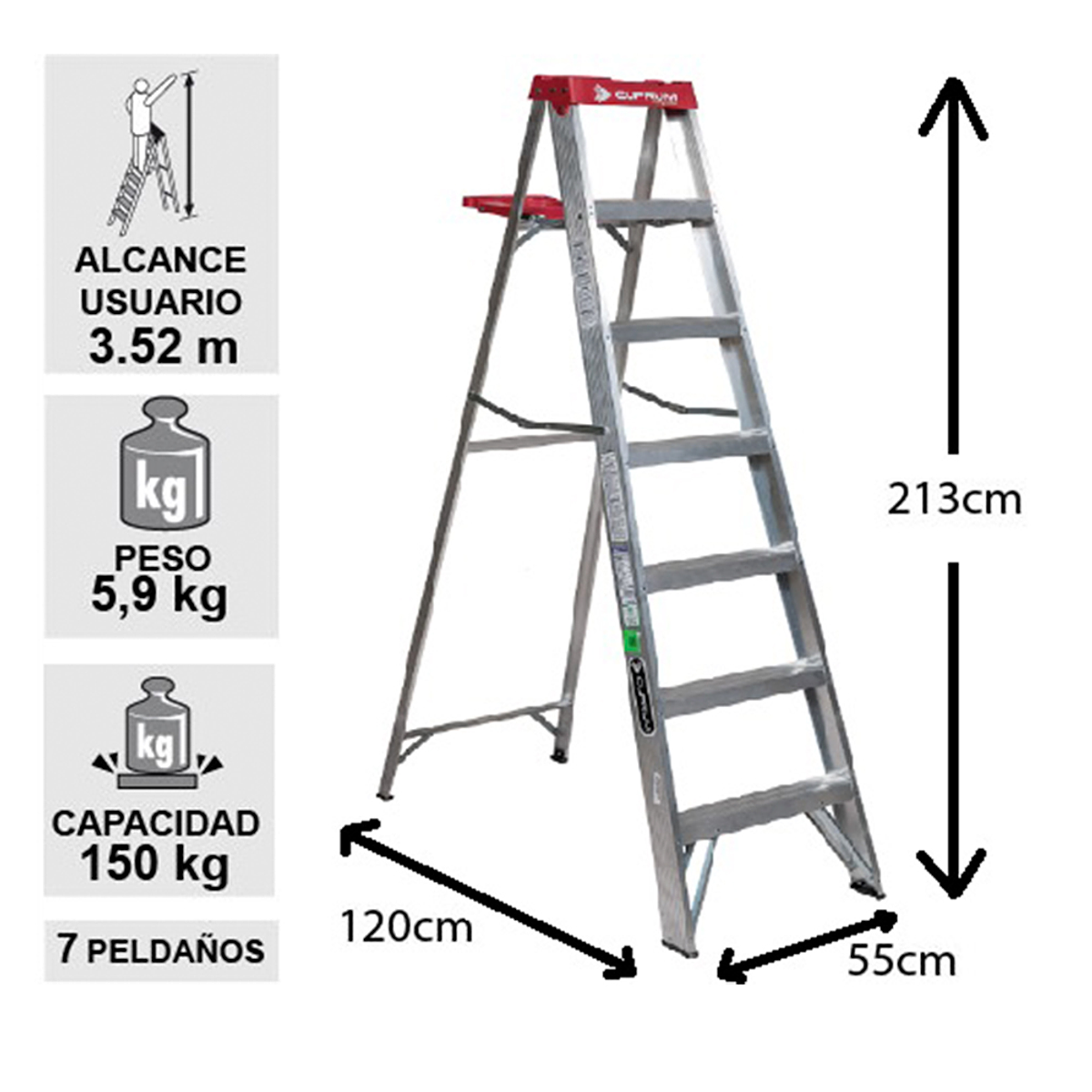 ESCALERA ALUMINIO TIJERA 7 PELDAÑOS 2.13 M. CUPRUM