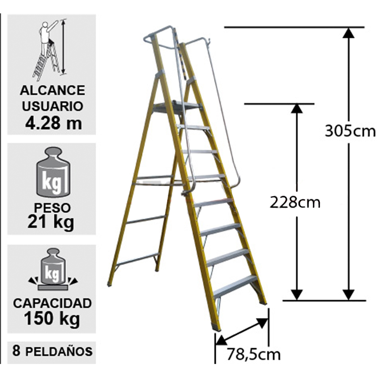 ESCALERA FIBRA VIDRIO PLATAFORMA 8 PELDAÑOS