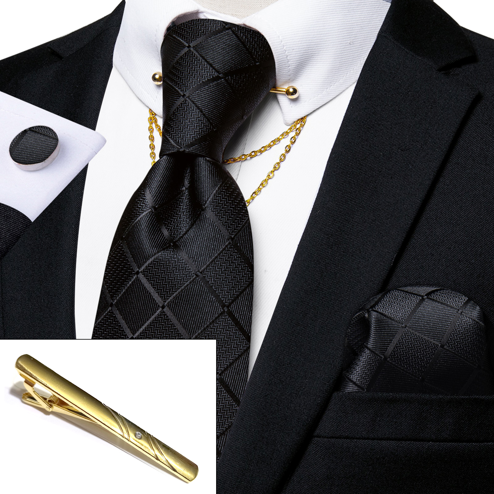 Corbata + Pin cadena dorado + Clip dorado + paño + colleras
