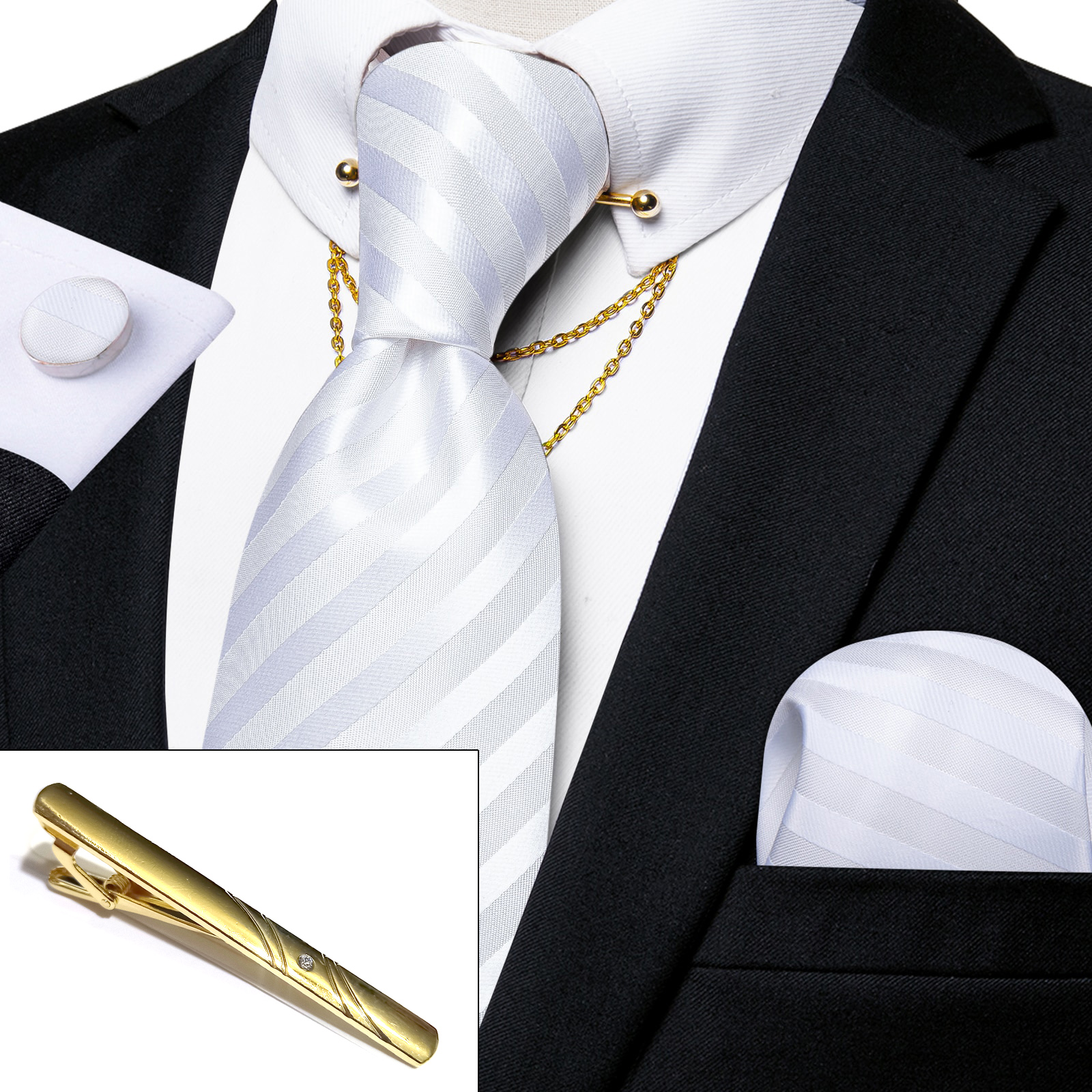 Corbata + Pin cadena dorado + Clip dorado + paño + colleras